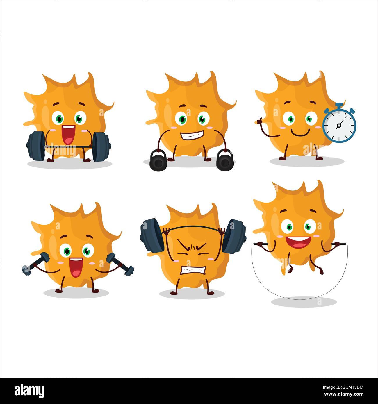 A healthy virus germ cartoon style trying some tools on Fitness center ...