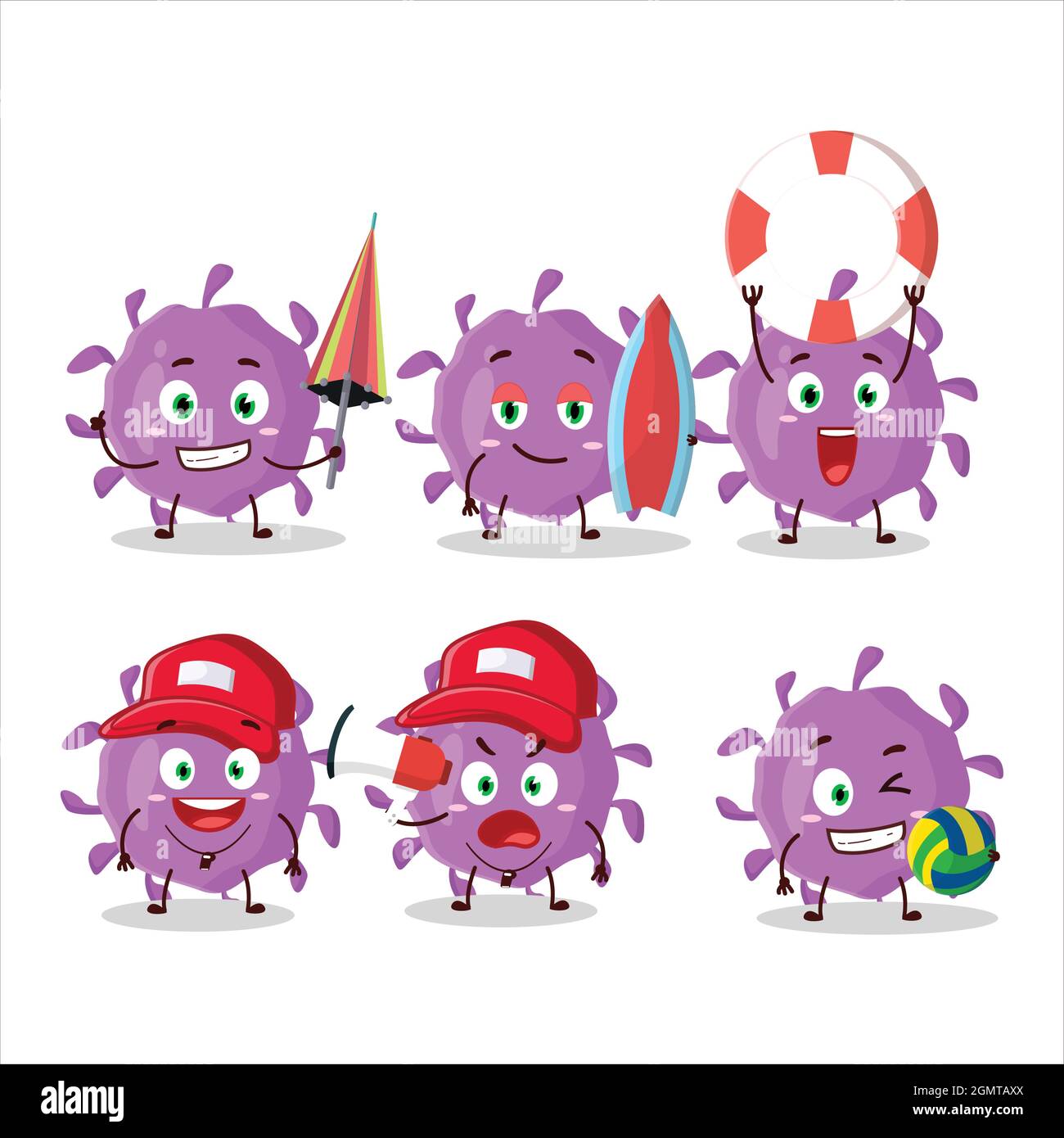 Happy Face virus particle cartoon character playing on a beach. Vector ...