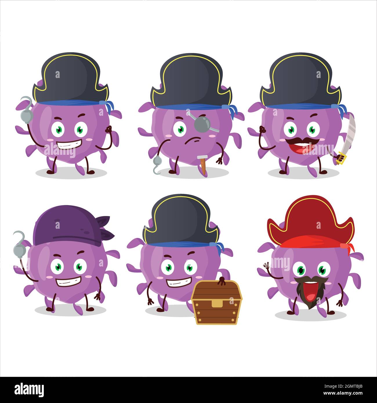 Cartoon character of virus particle with various pirates emoticons ...