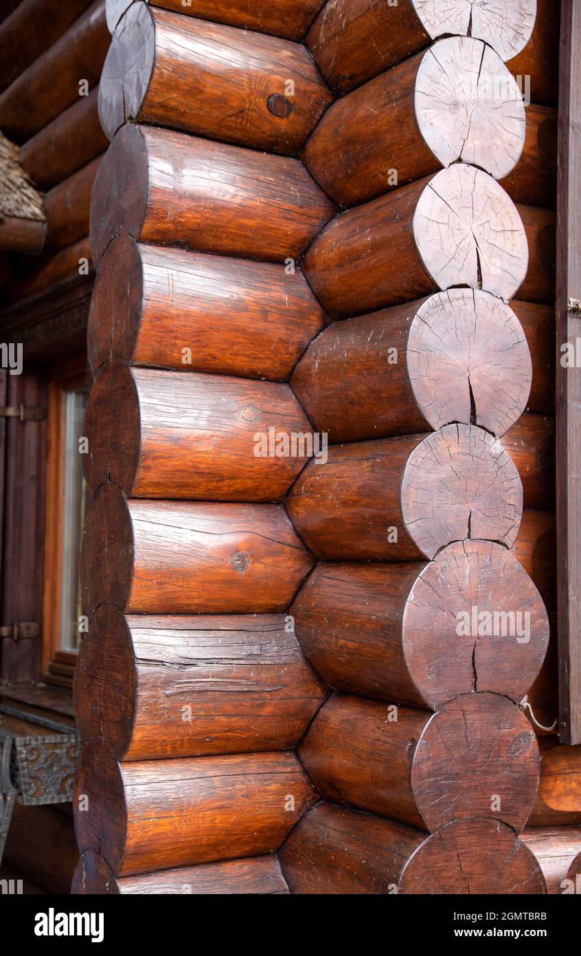 Warm corner of a log wooden blockhouse, close-up. Wooden house ...