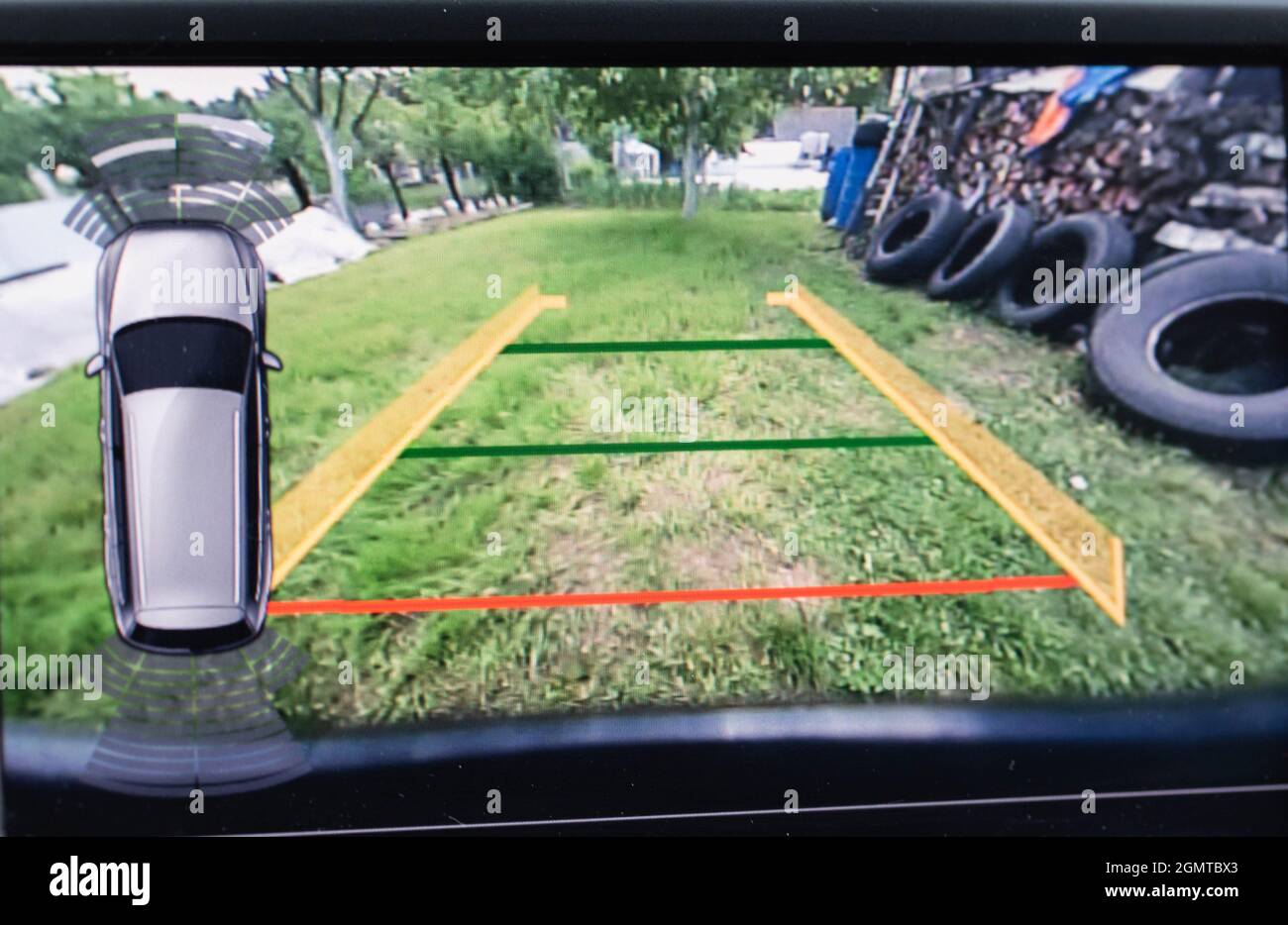 Car rear view camera monitor screen. Obstacle warning, road view Stock ...