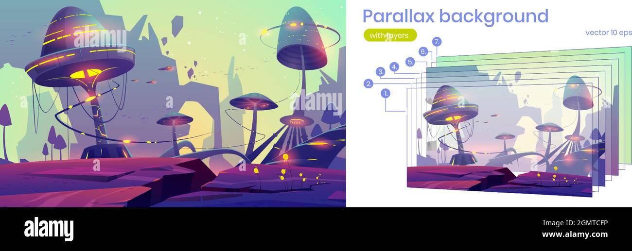 Parallax background alien planet 2d landscape with fantasy mushrooms ...