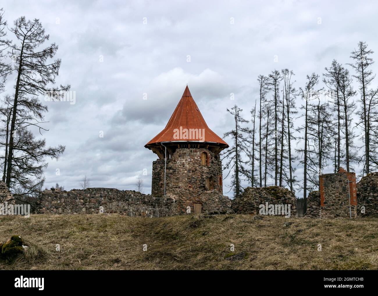 early spring landscape with a view of the castle ruins, the new bright ...
