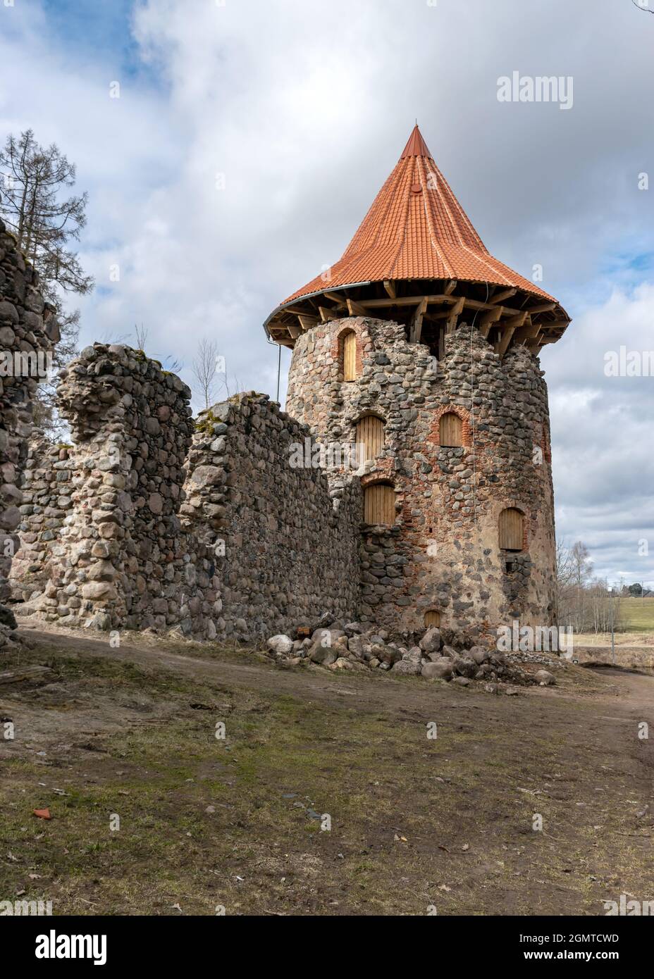 early spring landscape with a view of the castle ruins, the new bright ...