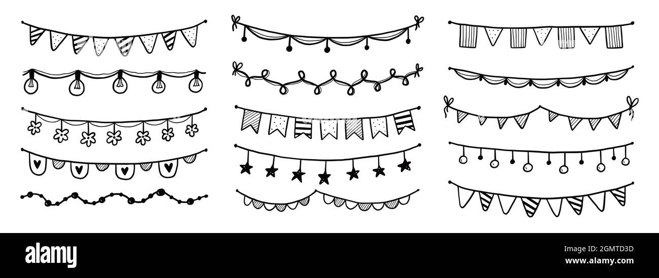 Party garland set with flag, bunting, pennant. Hand drawn sketch doodle ...