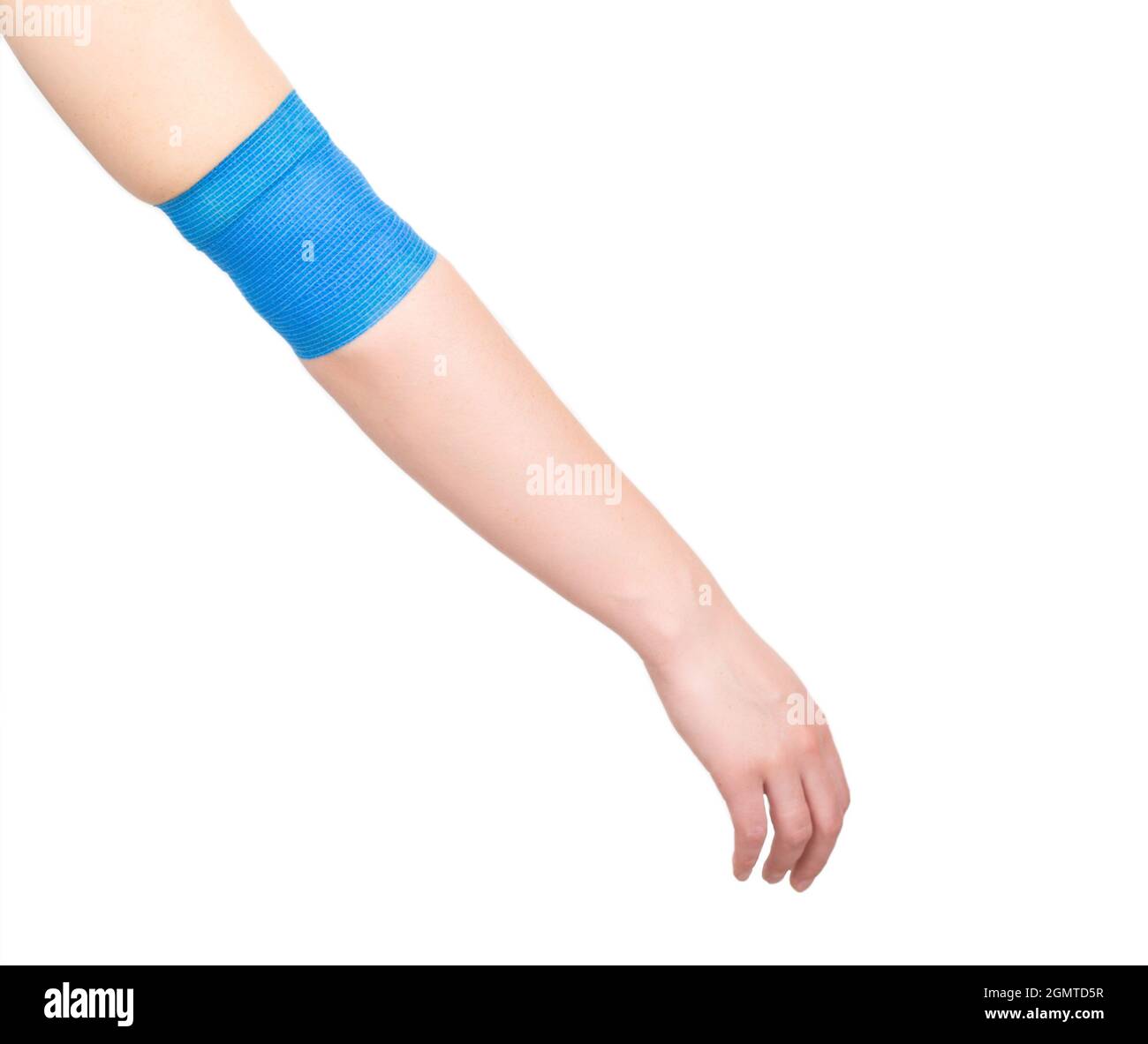 Bandaged elbow hand with elastic bandage on white background isolate ...