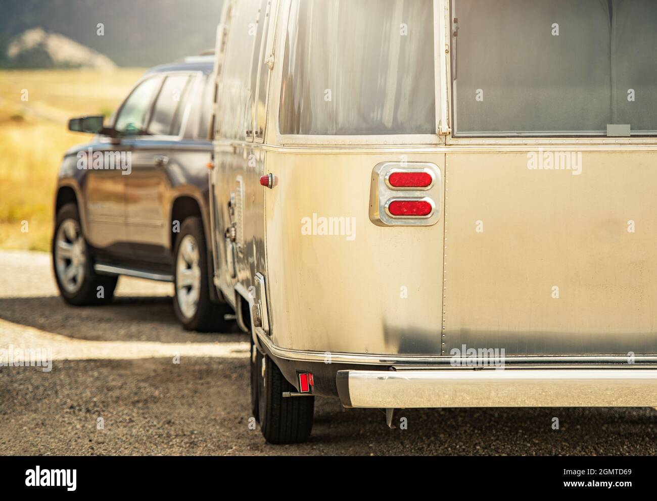 Sport Utility Vehicle with Retro Classic Travel Trailer Road Trip. RV ...