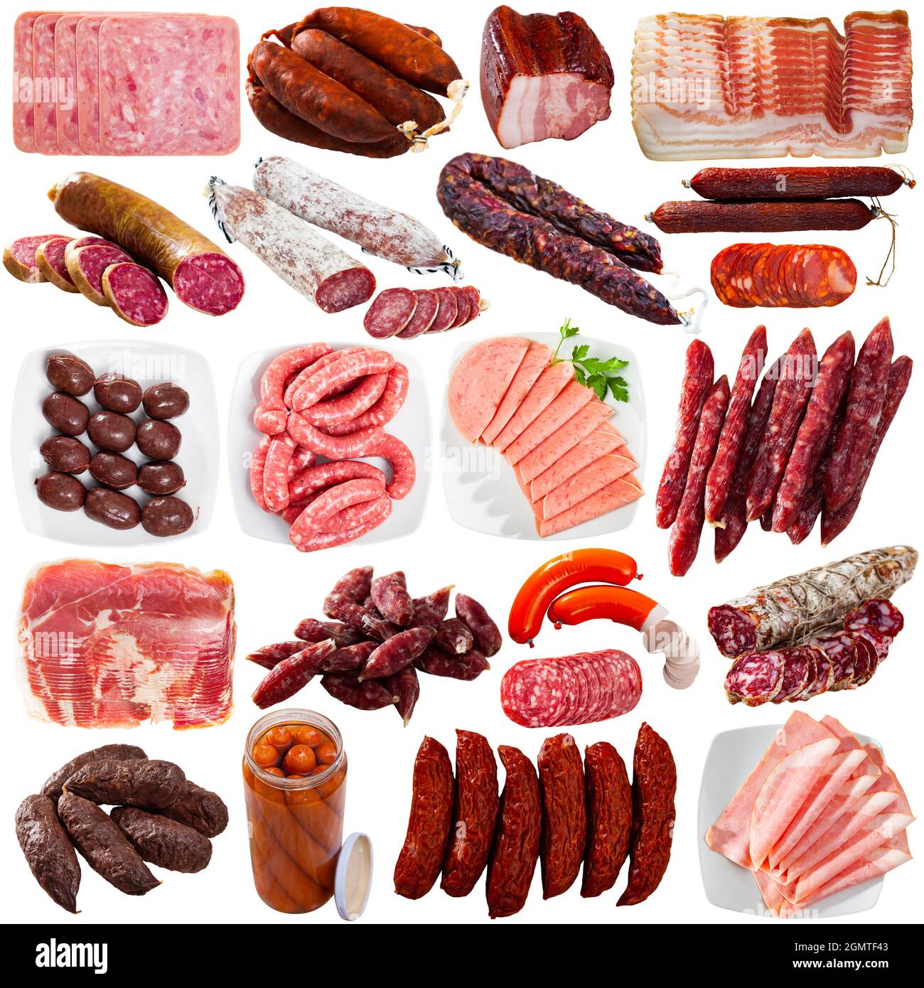 Collage of various meat products isolated on white Stock Photo - Alamy