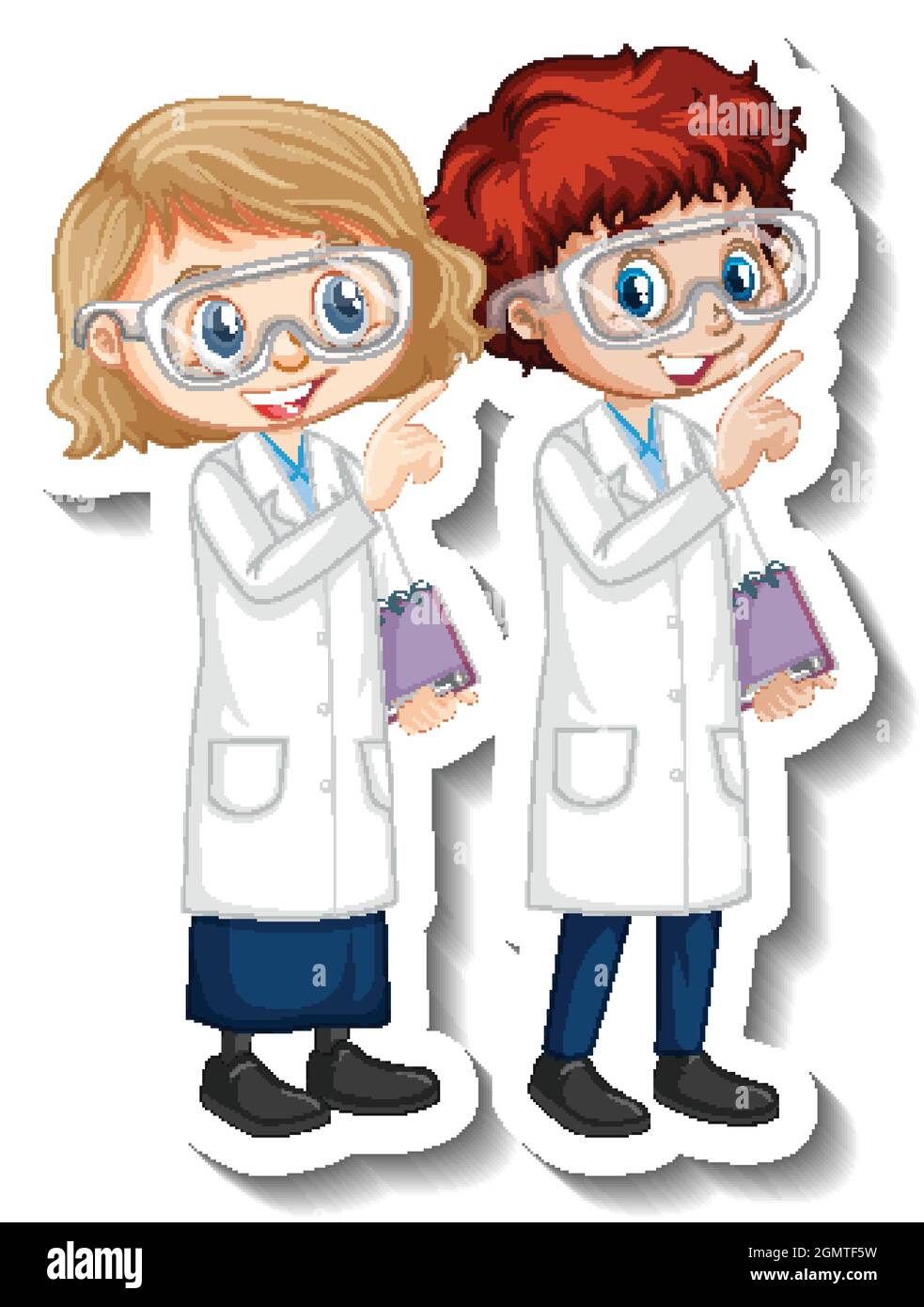 Cartoon character sticker with couple scientists in science gown ...
