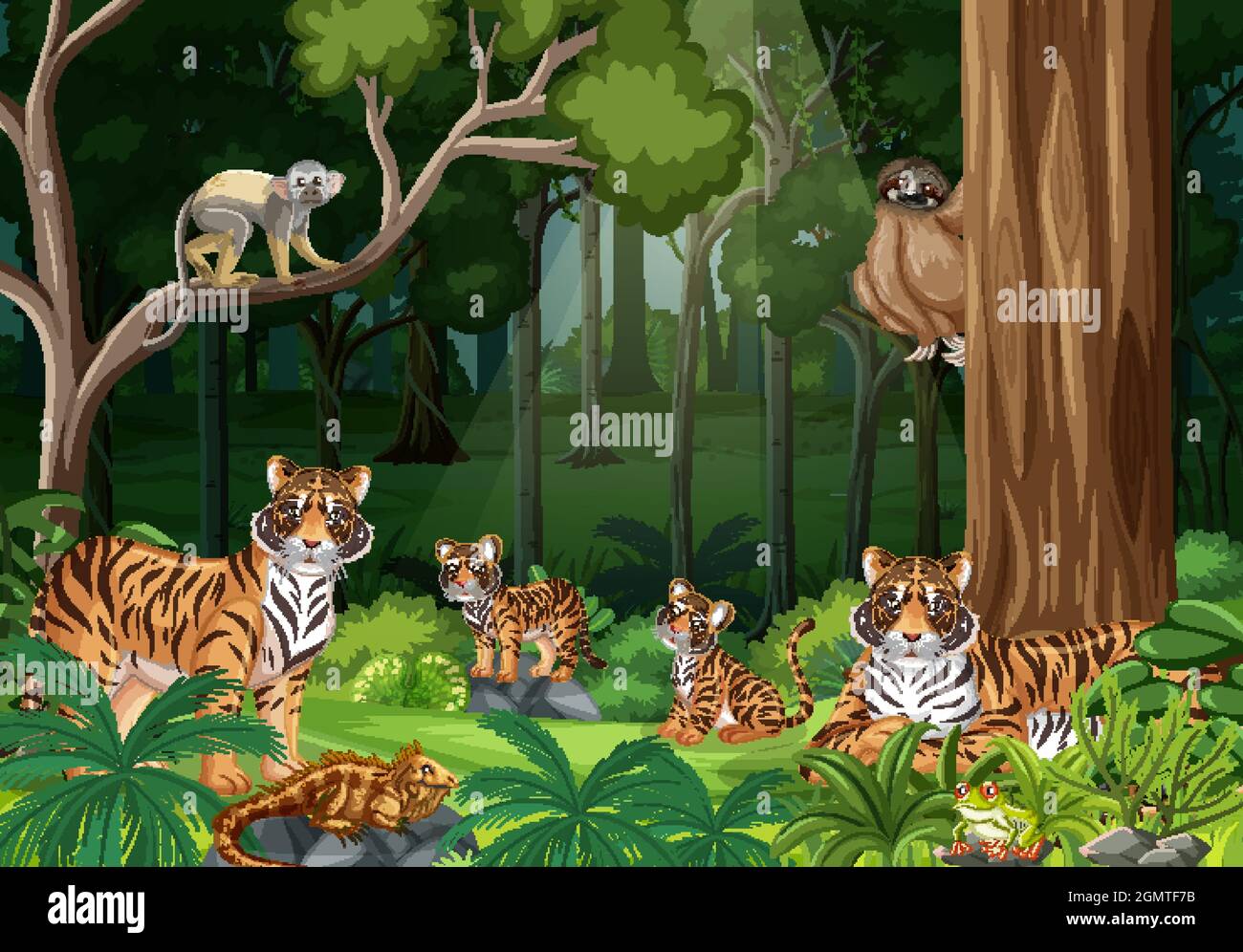 Tiger family in forest landscape background illustration Stock Vector Image & Art - Alamy