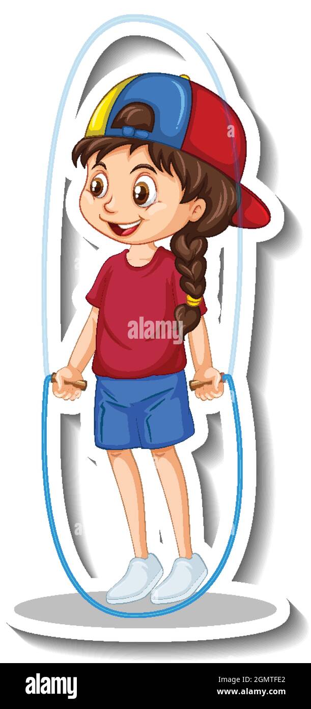 Cartoon character sticker with a girl jumping rope illustration Stock ...