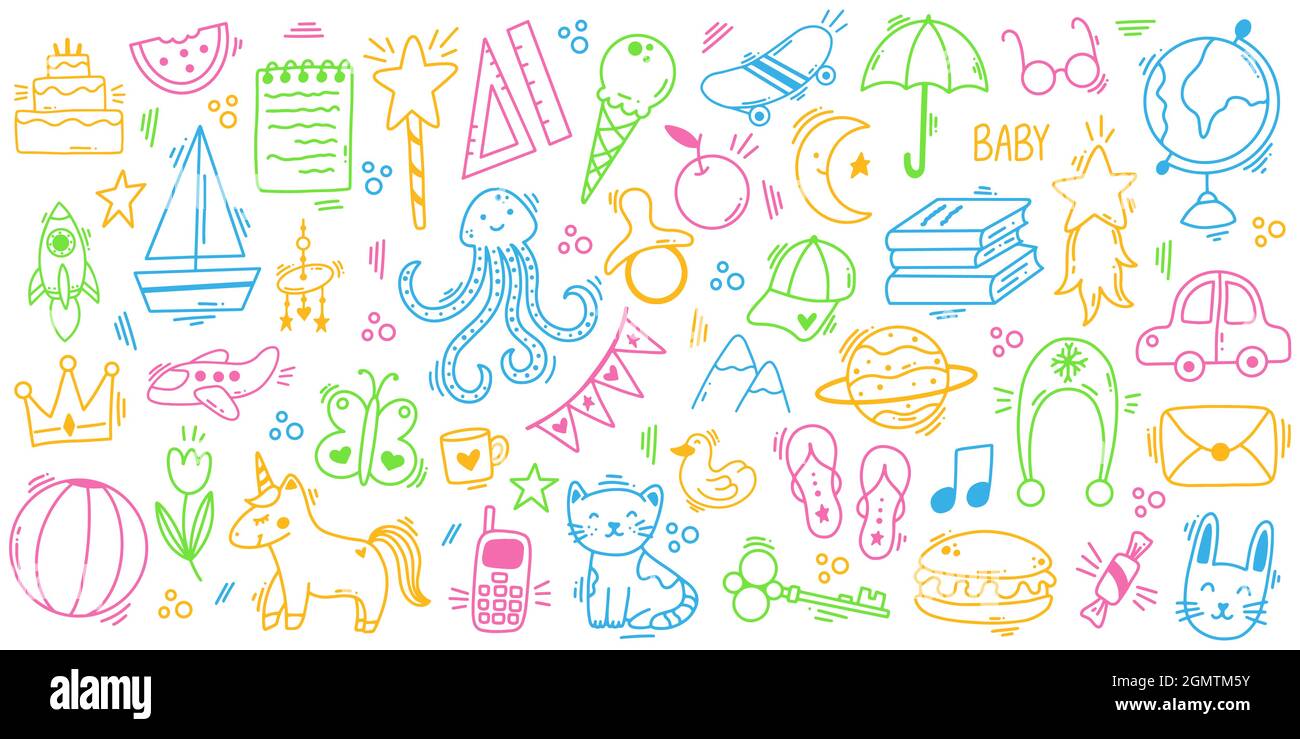 Kids doodle hand drawn cute play elements. Kindergarten children play ...
