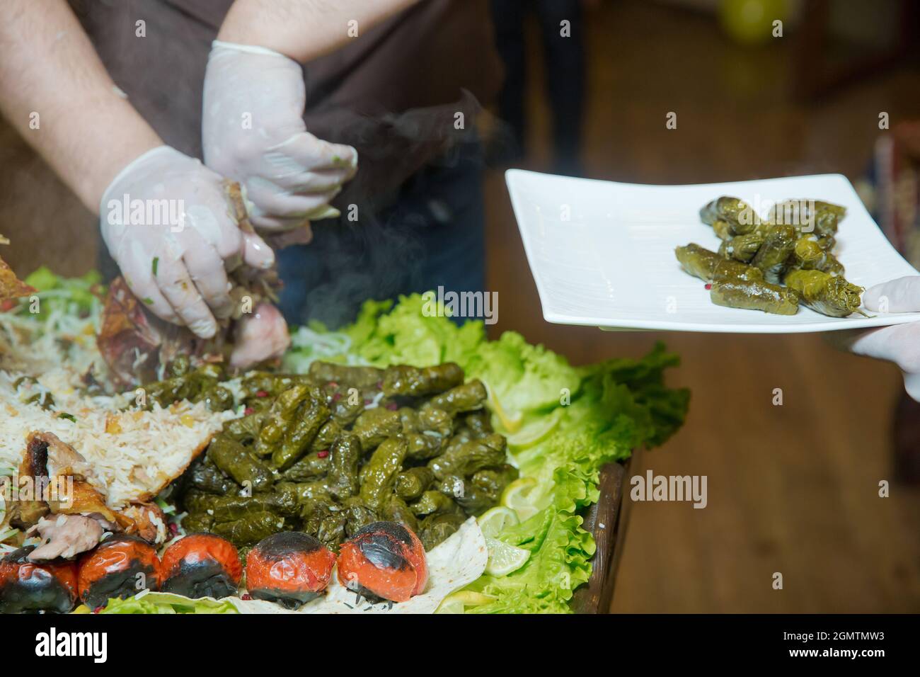 Barbecue is prepared of lamb or sheep meat and processed by slasher ...