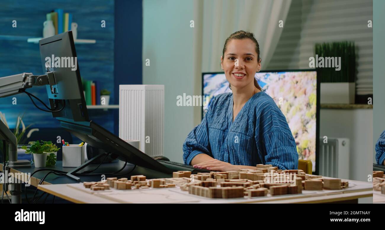Woman Working As Engineer Designing Building Model On Computer With Touch Screen Architect