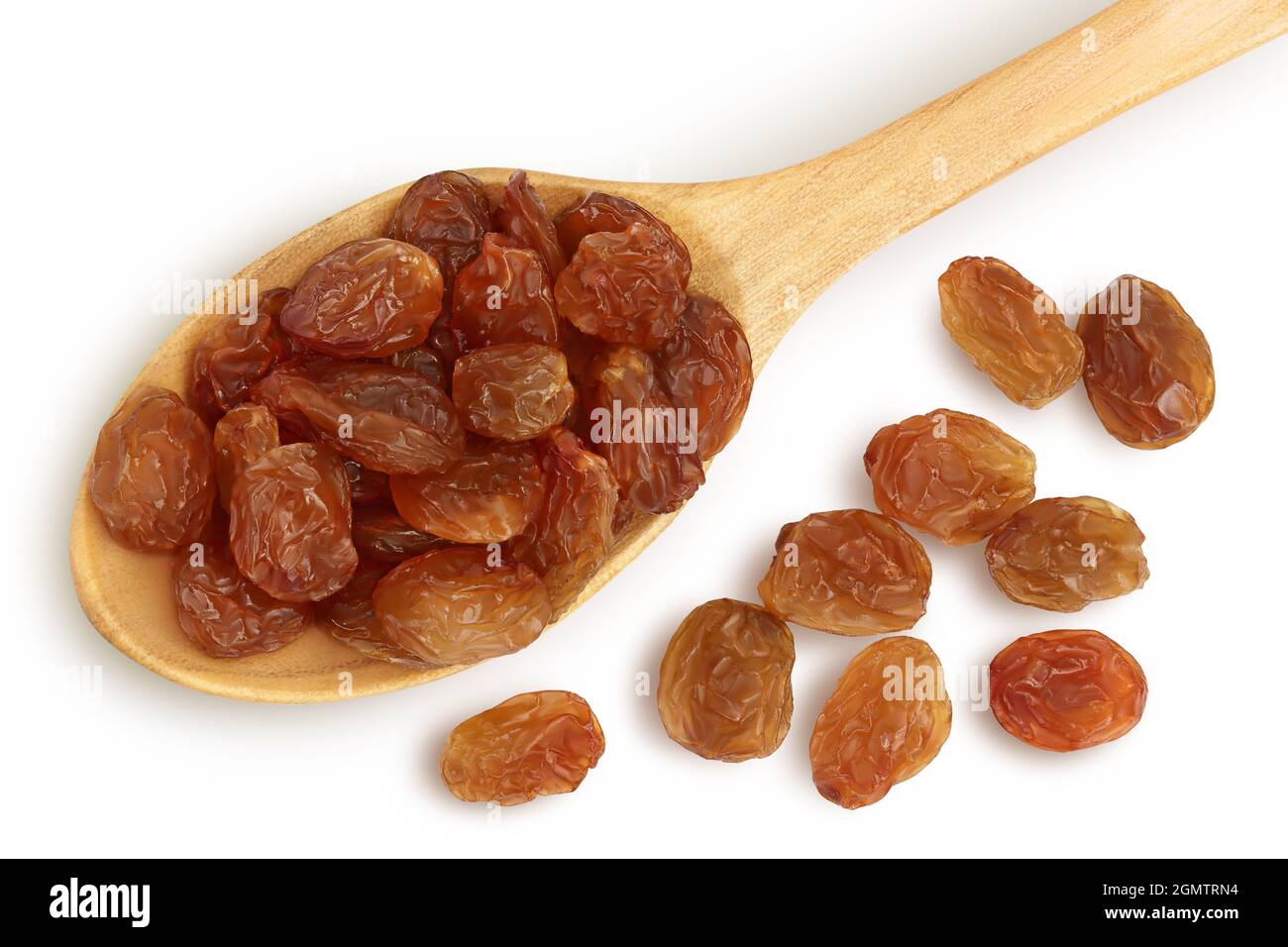 Brown raisins in wooden spoon isolated on white background with ...