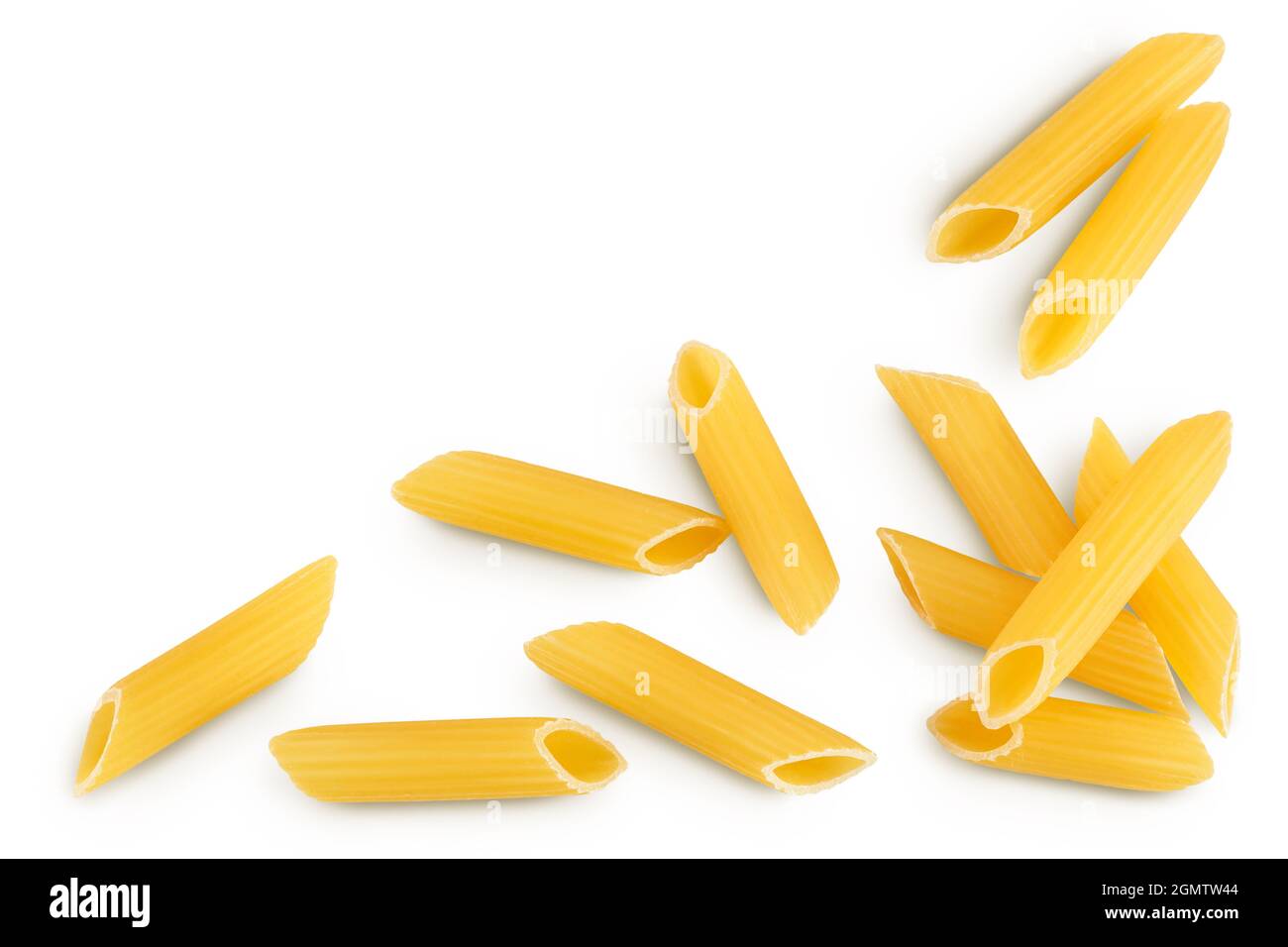 Raw italian penne rigate pasta isolated on white background with ...