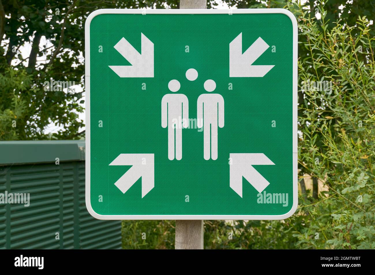 Evacuation assembly point sign in green and white. Gathering Point ...