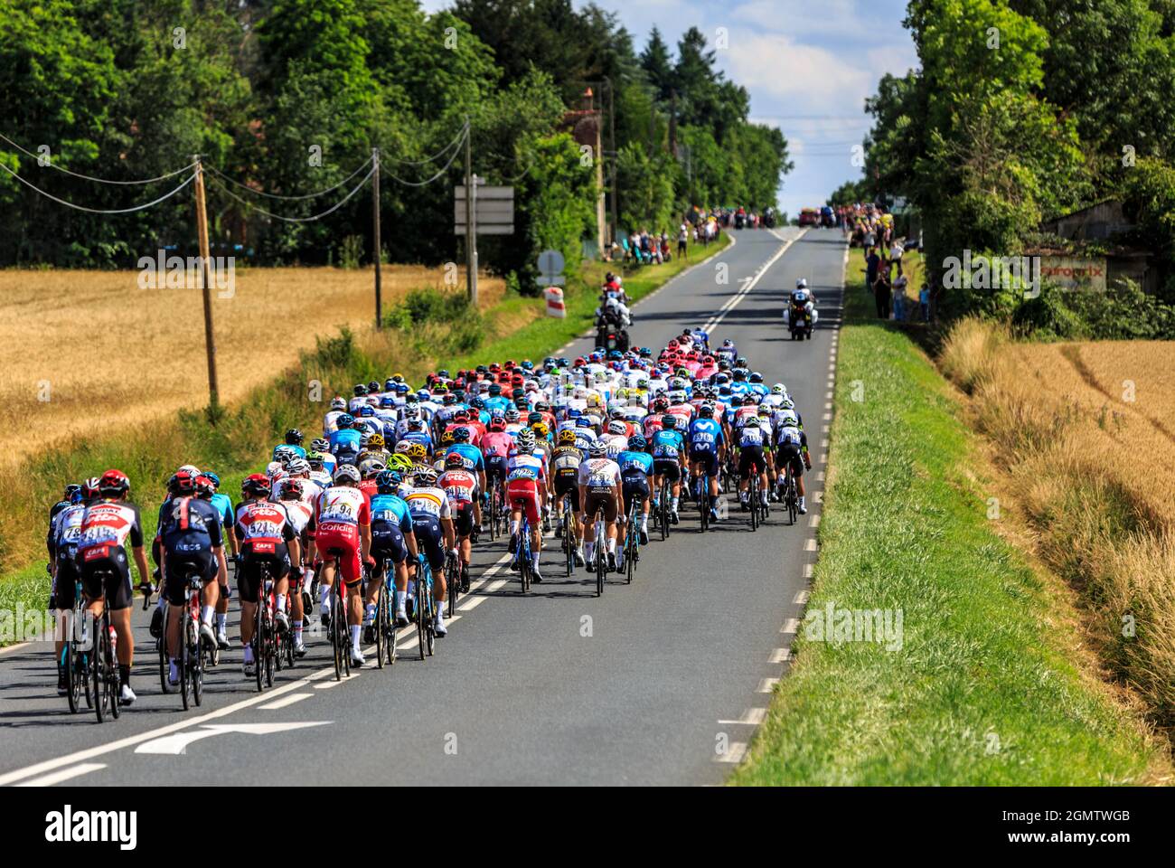 Les Vignes du Chateau, France - July 1,2021: Rear image of the peloton ...