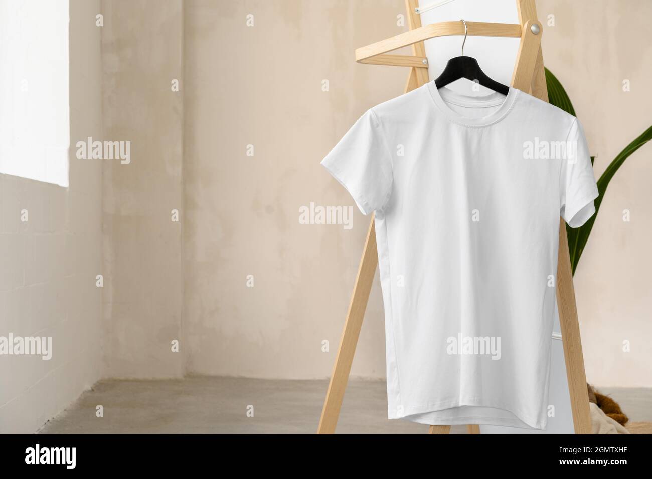 Plain white cotton t-shirt on hanger for your design Stock Photo - Alamy