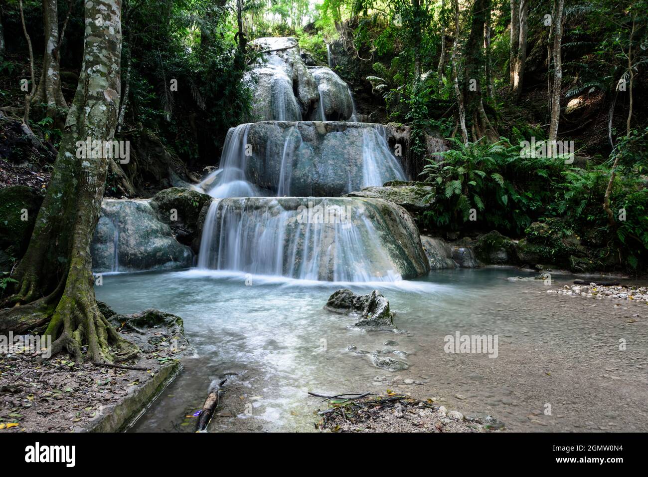 The 7 level Oehala waterfall near the small city Soe (So'É), West Timor ...