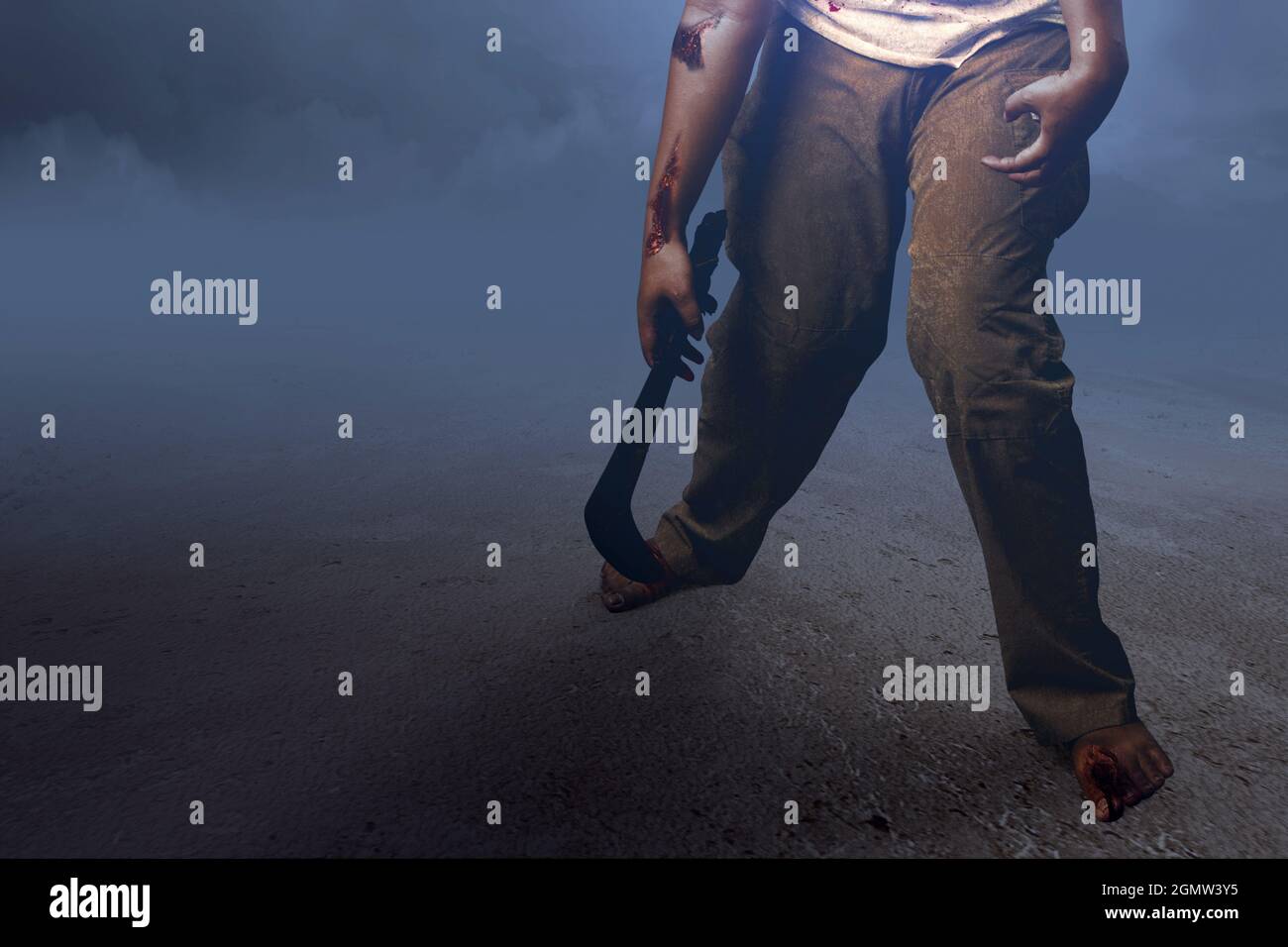 Scary zombie with blood and wound on his body holding sickle walking on ...