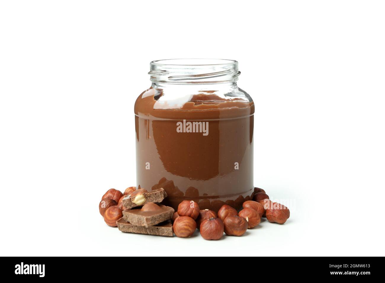 Jar with chocolate paste and nuts isolated on white background Stock ...