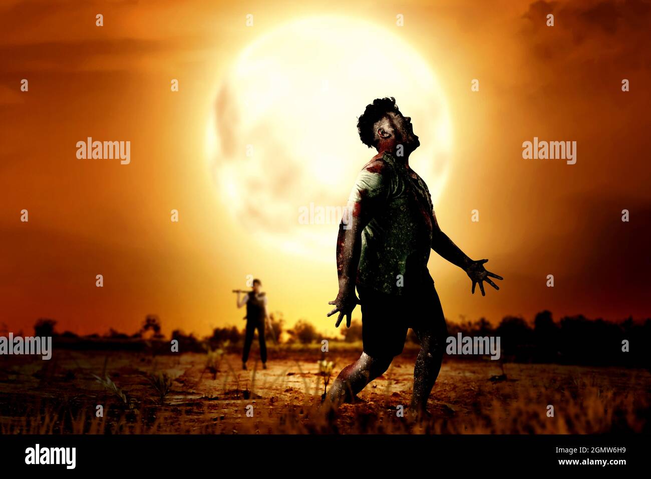 Asian woman in police vest standing with a baseball bat with a gun on ...