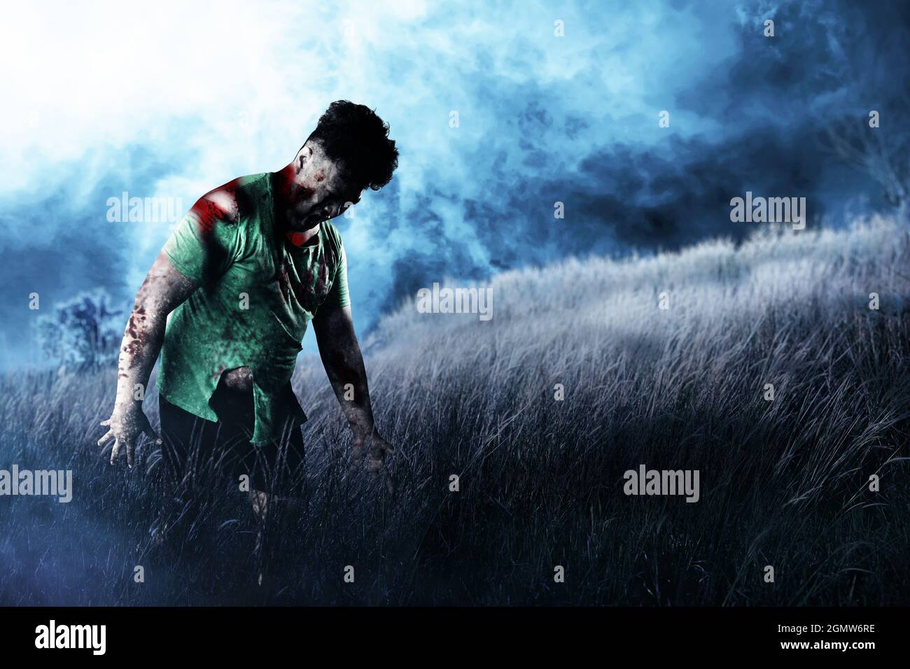 Scary zombie with blood and wound on his body walking on the field ...