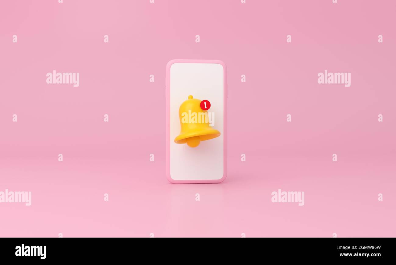 Notification message bell icon alert inside smartphone on pink ...