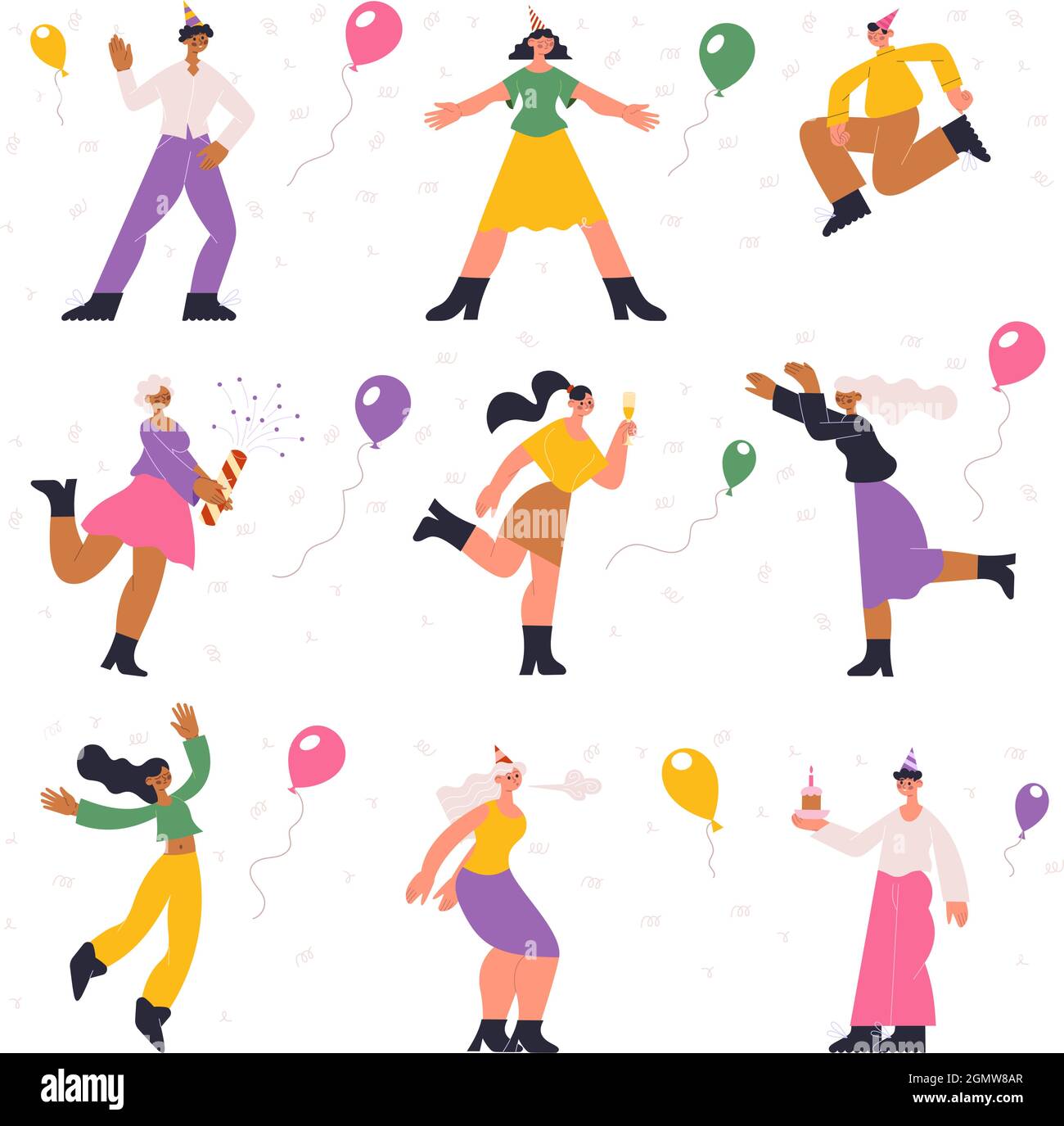 Birthday party preparation, celebration, dancing, happy characters ...