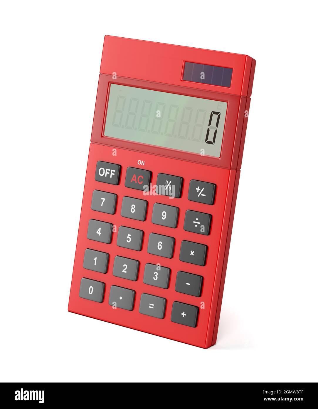 Red calculator on white background Stock Photo - Alamy