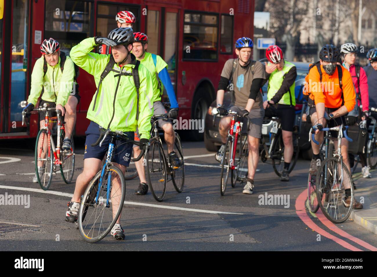 London, England - 30 March 2012 A large group of cyclists waiting ...