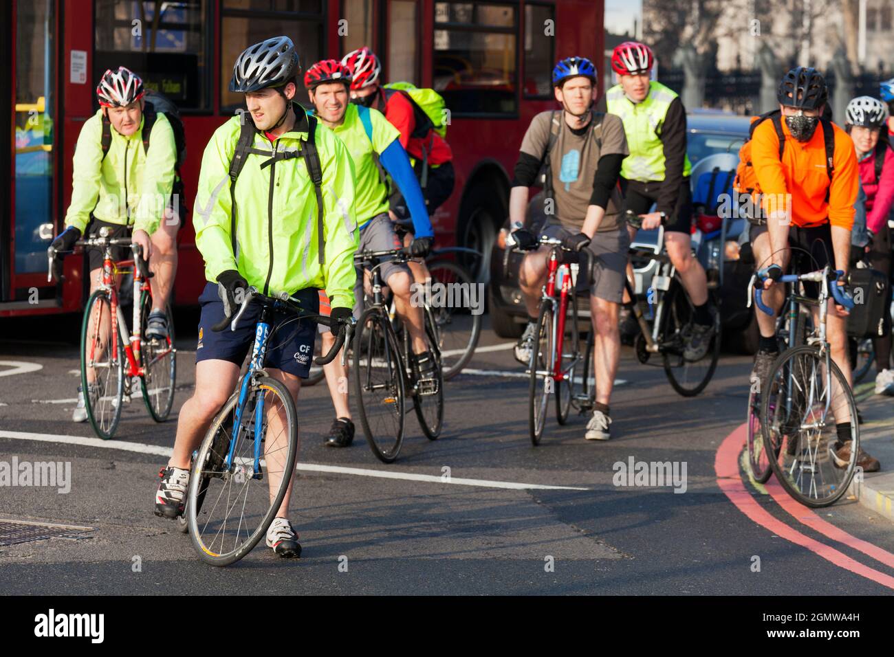 London, England - 30 March 2012 A large group of cyclists waiting ...