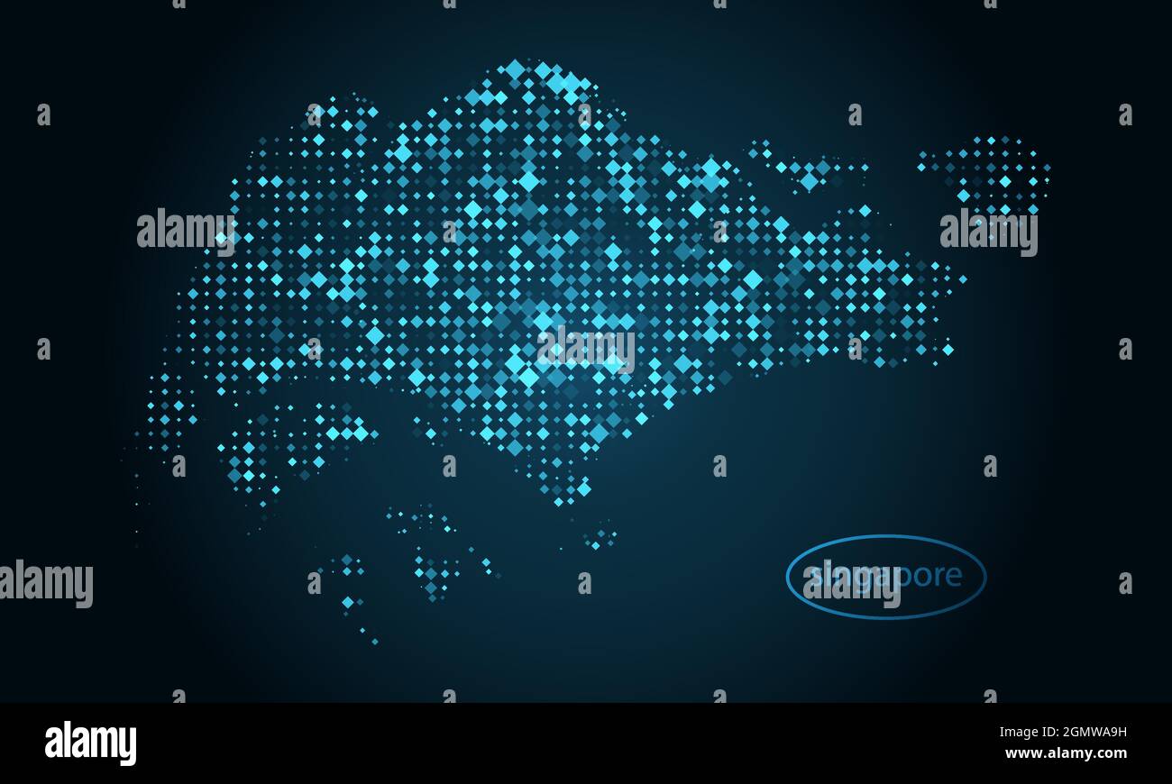 Abstract pixel art halftone in dark background with map of singapore ...