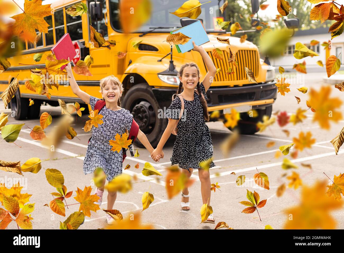 Children running school bus hi-res stock photography and images - Alamy