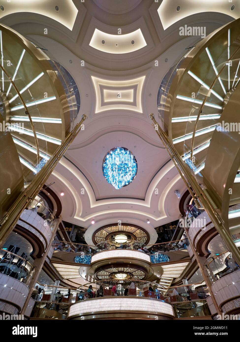 At Sea , Mary 2018, cruising the Pacific. The glitzy atrium of a luxury ...