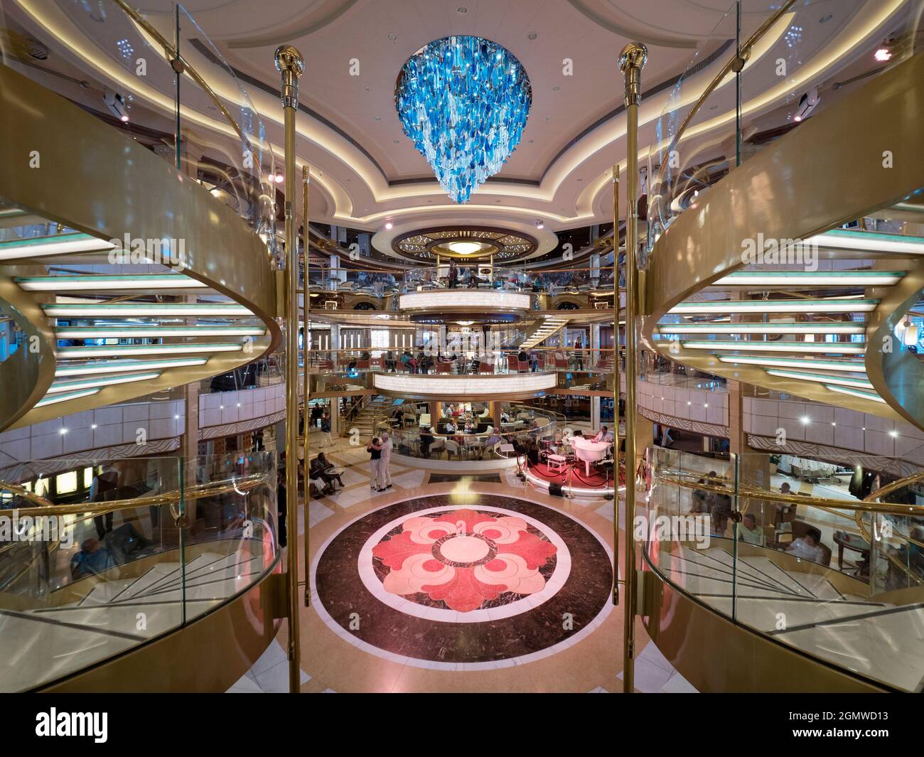 At Sea , Mary 2018, cruising the Pacific. The glitzy atrium of a luxury ...