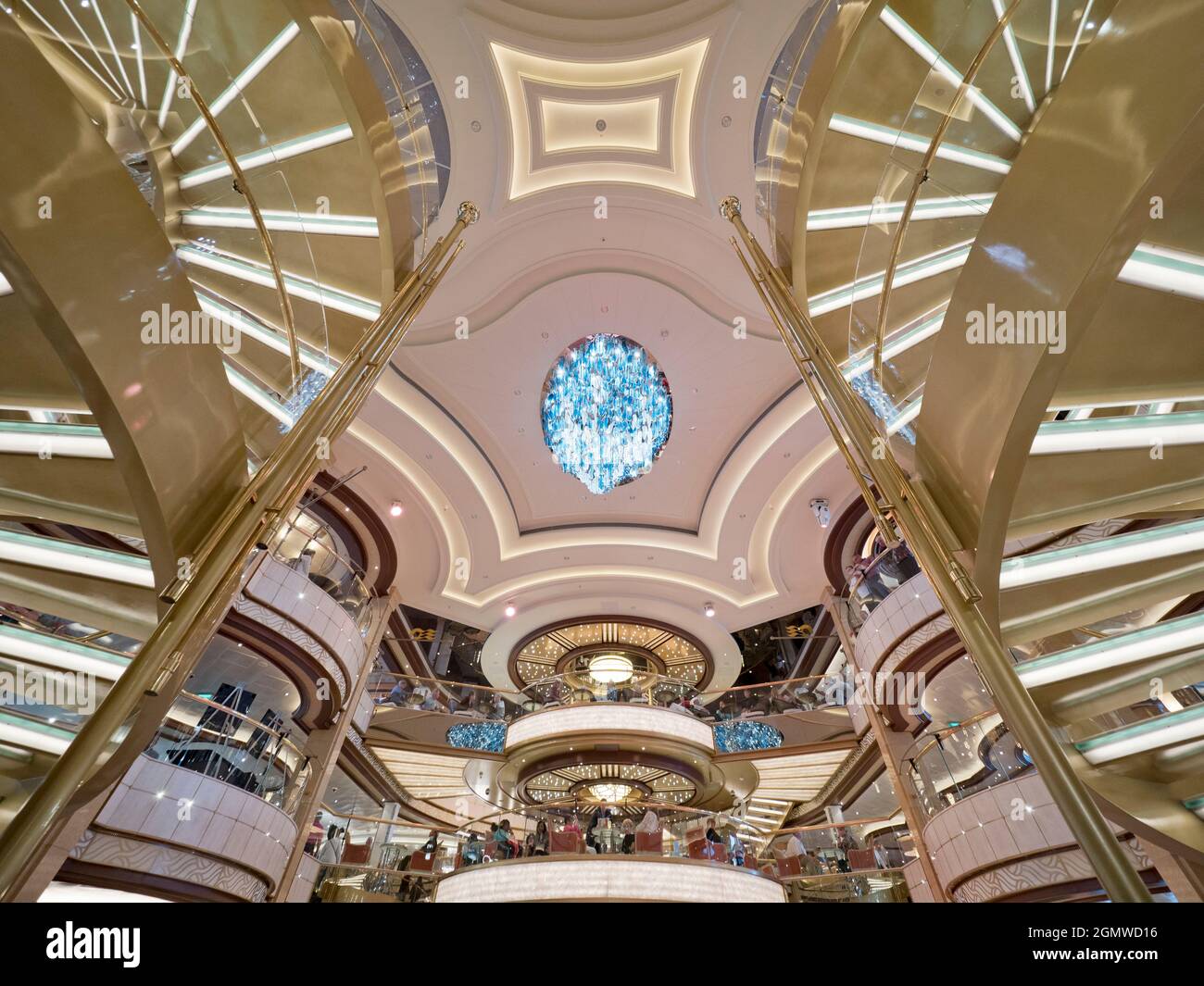 At Sea , Mary 2018, cruising the Pacific. The glitzy atrium of a luxury ...