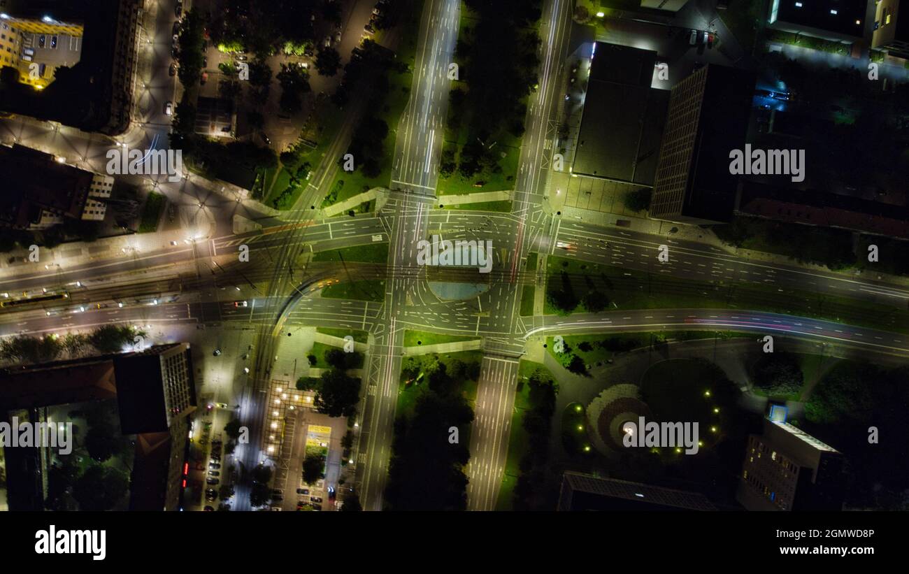Aerial view of a road junction at night Stock Photo - Alamy