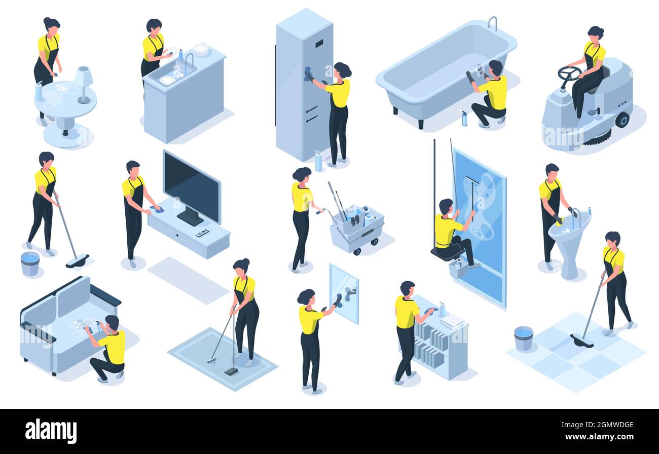 House cleaning team isometric professional characters. Detergents ...