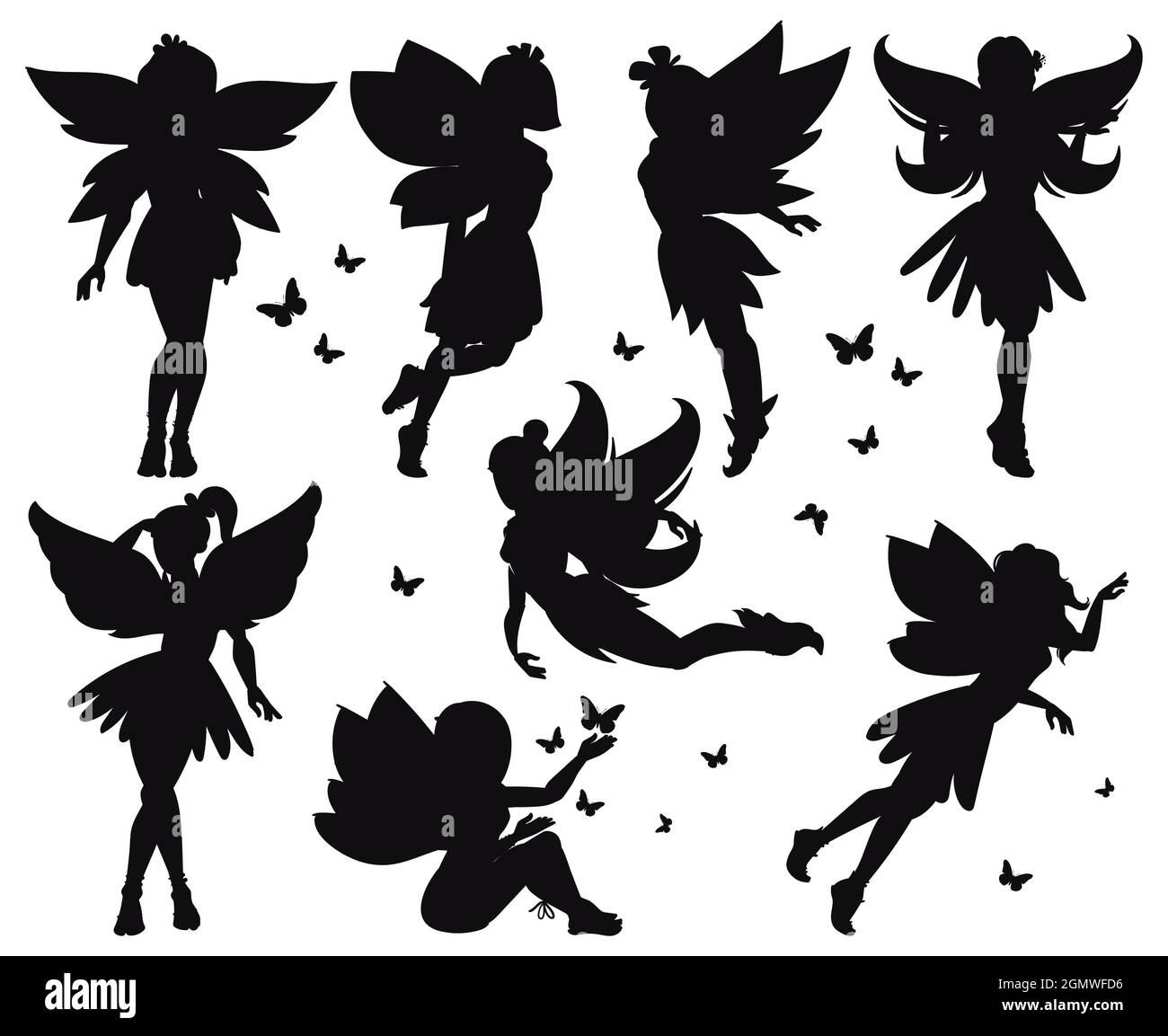 Cartoon magic fairy tale little fairies silhouettes. Magical little ...