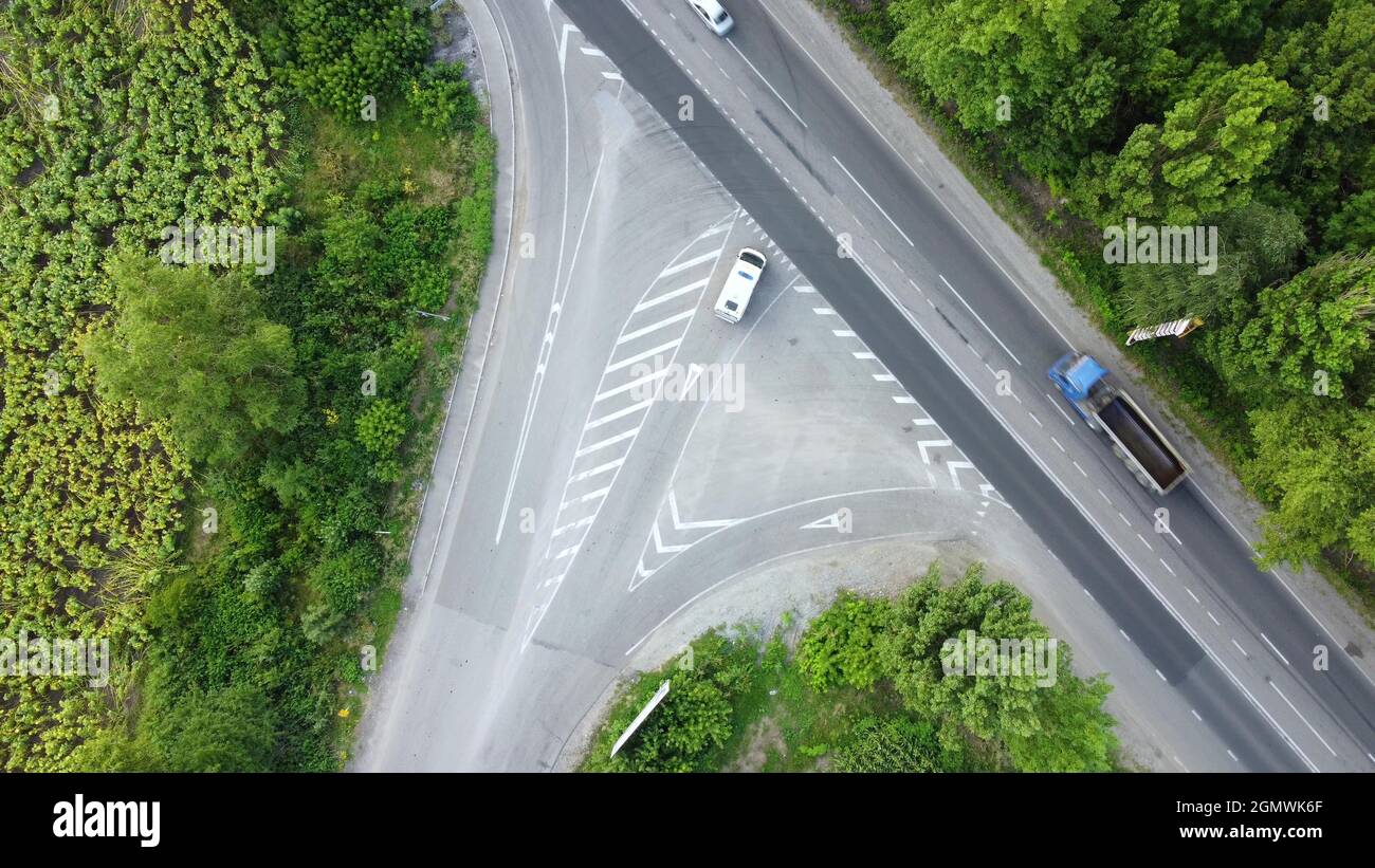 Intersection with exit on the road of high risk. Motorway for high ...