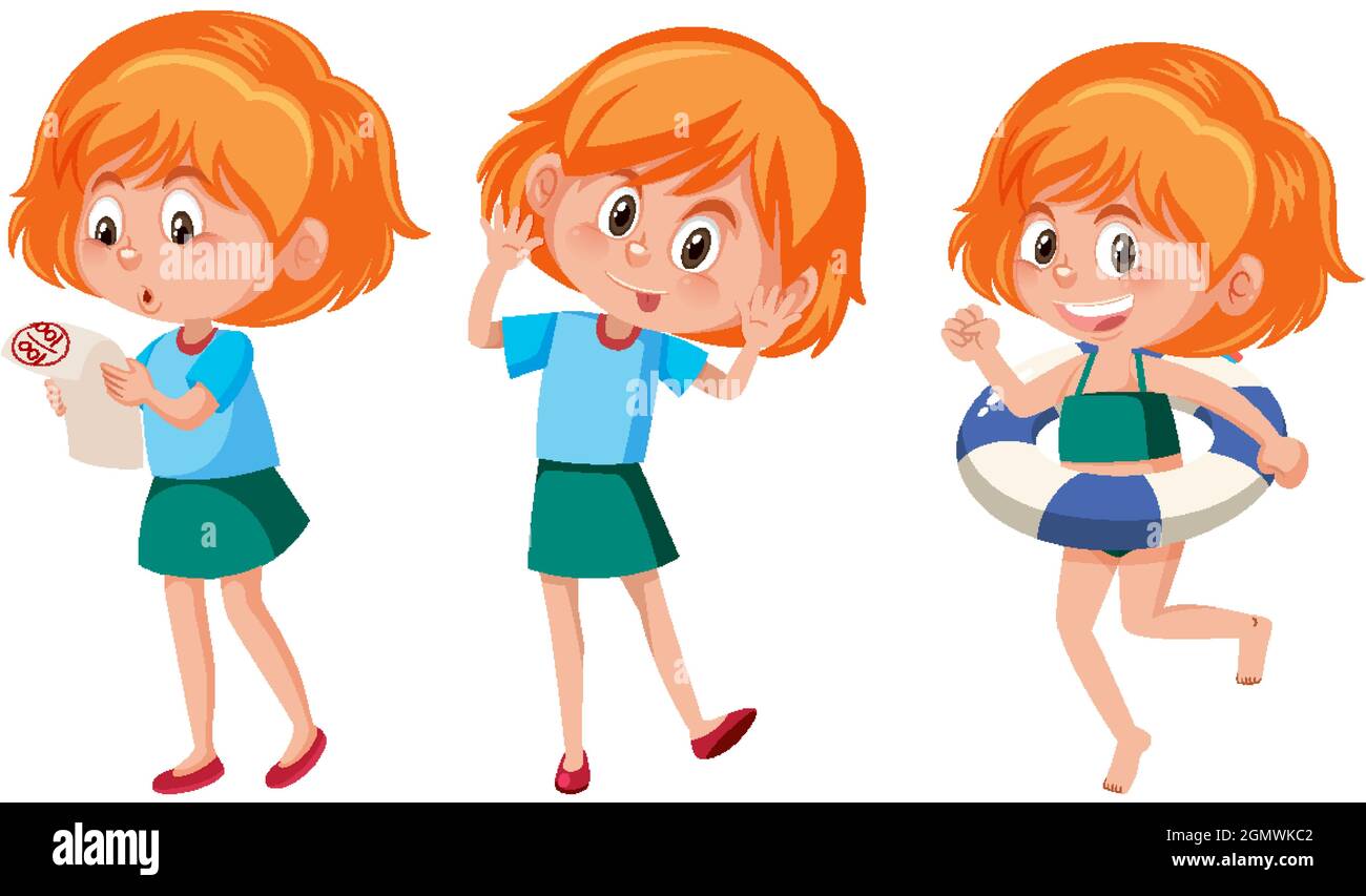 Set of a girl cartoon character with different positions illustration ...