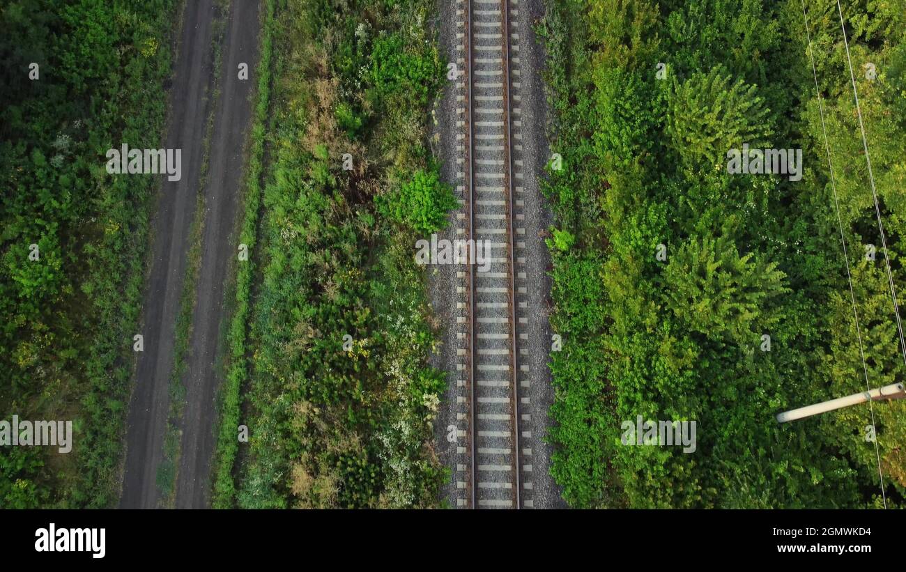 Rails through the forest and field. Dirt road, nature around the ...