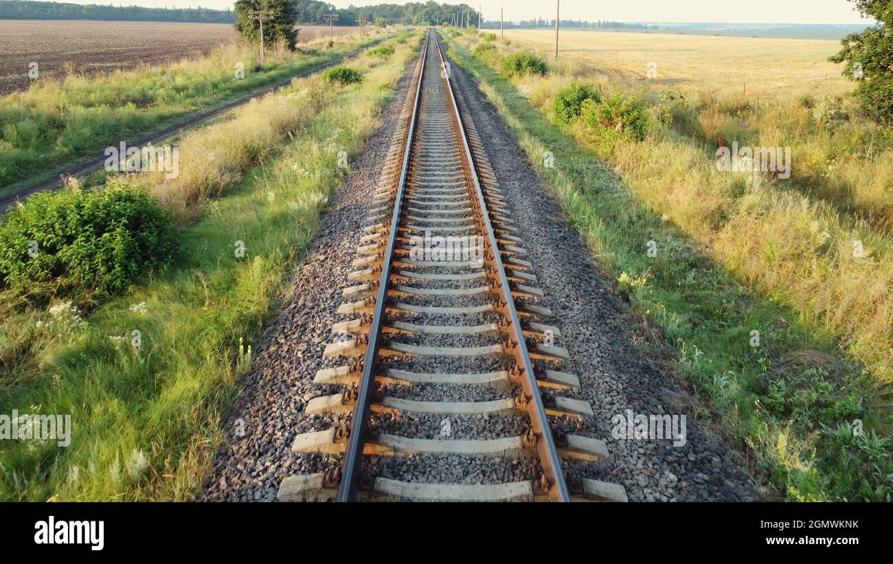 Straight railway tracks, train road through fields and forests Stock ...