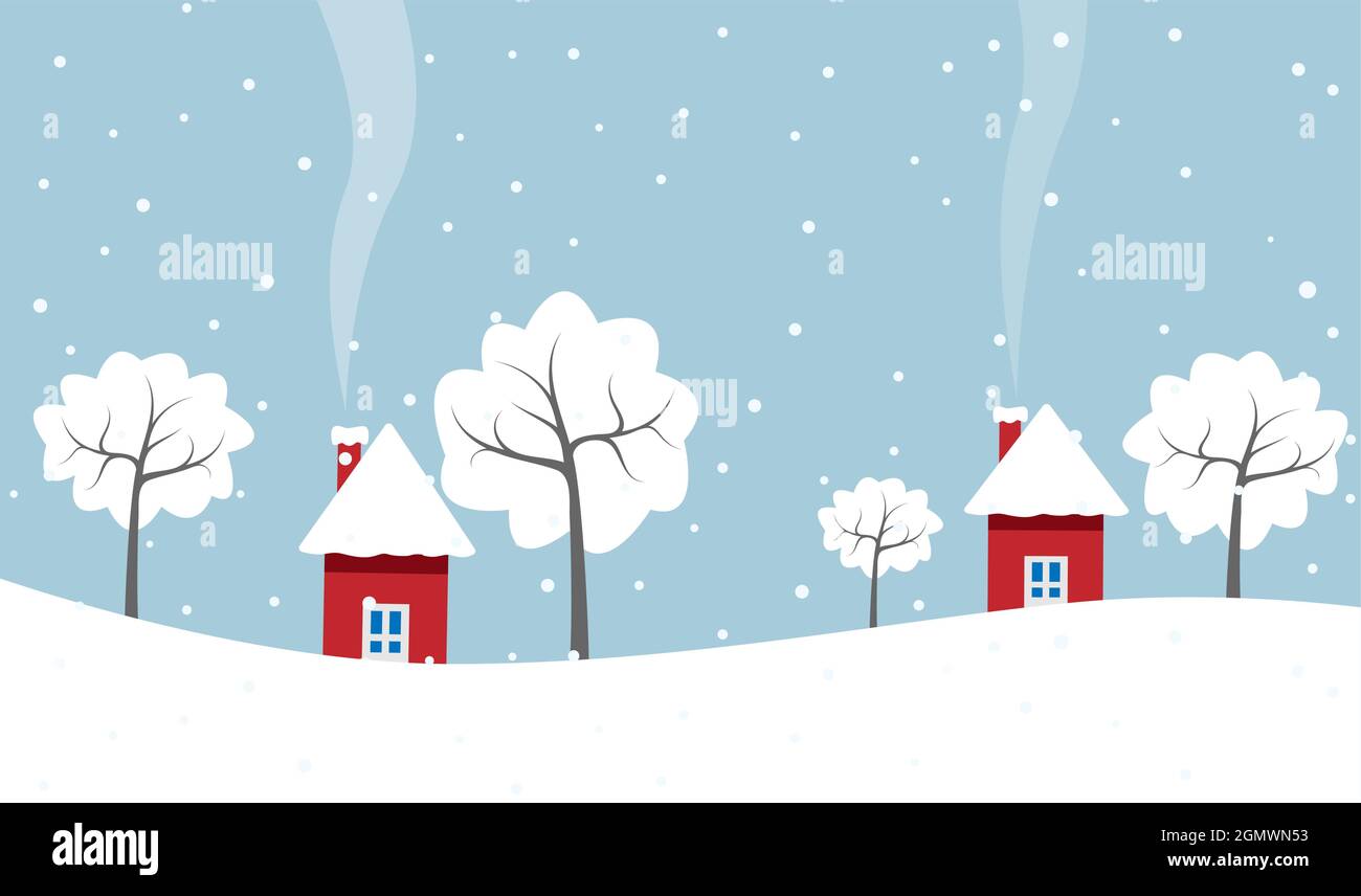 Winter snowy landscape, houses in the mountains with smoke from the ...