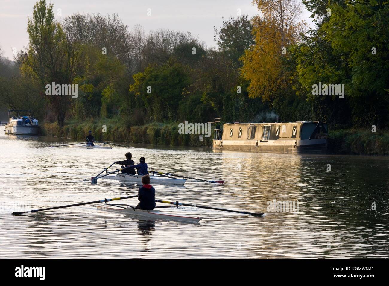 Oxford, England - 2008; three university members rowing. Rowing ...