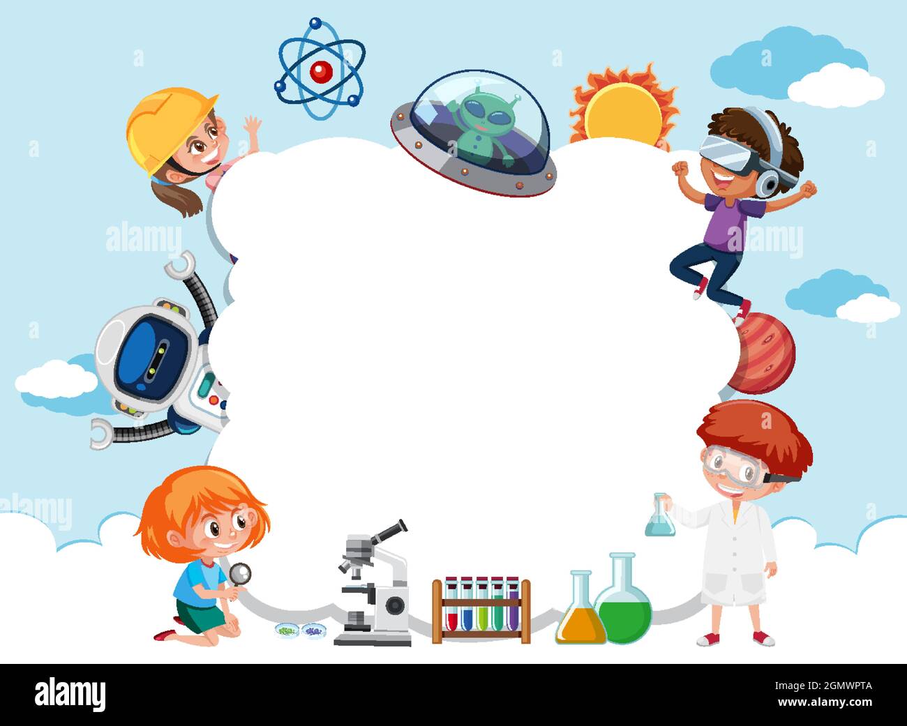 Empty cloud banner with kids in technology theme illustration Stock ...