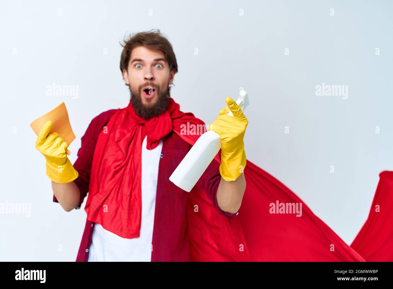 man in red cloak cleaning superheroes service cleanliness Stock Photo ...