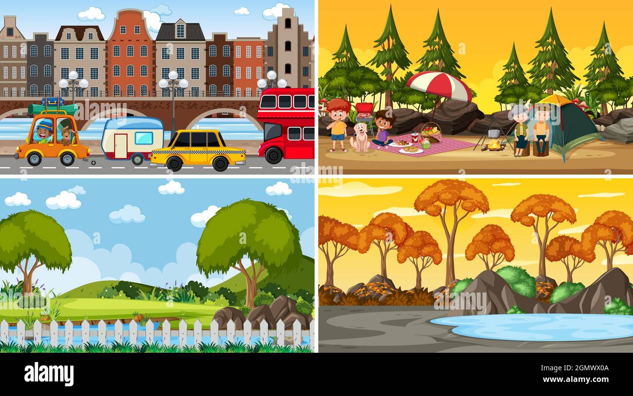 Set of different nature scenes background with many people illustration ...